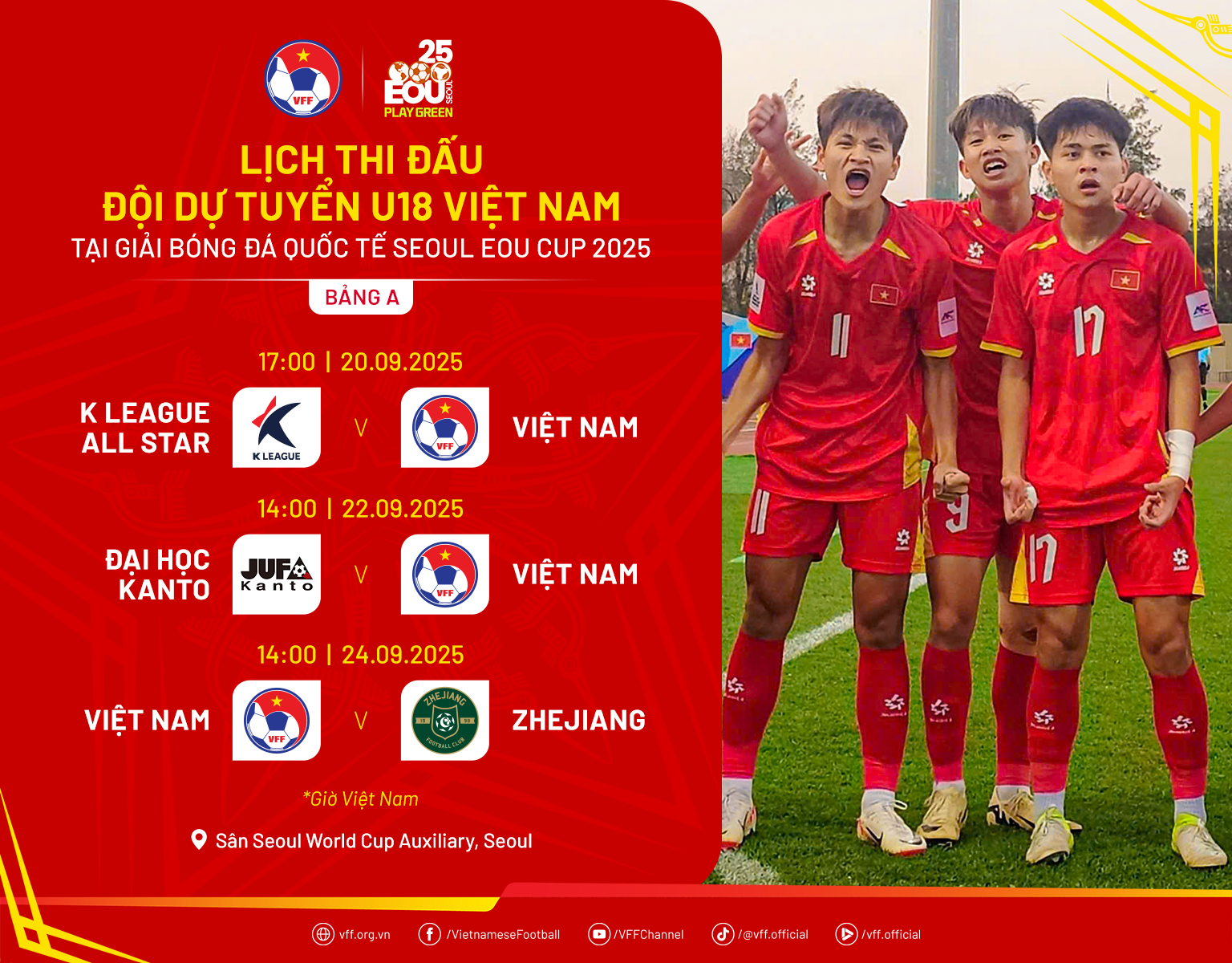 Link xem trực tiếp bóng đá Đại học Kanto vs U18 Việt Nam 14h00 hôm nay, Seoul Eou Cup 2025