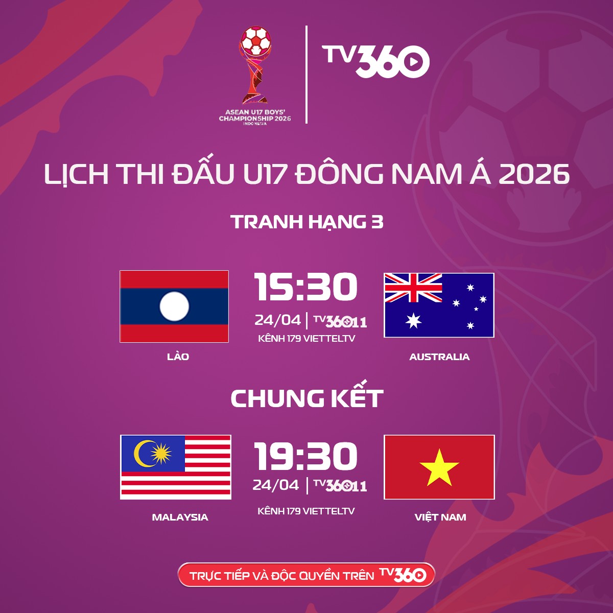 Lịch thi đấu bóng đá hôm nay 24/4: Trực tiếp U17 Việt Nam đấu với U17 ...