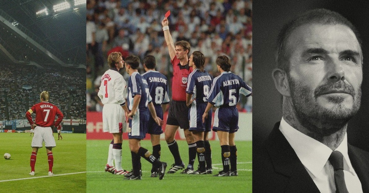 David Beckham nhận thẻ đỏ do trả đũa Diego Simeone ở World Cup 1998 và ...